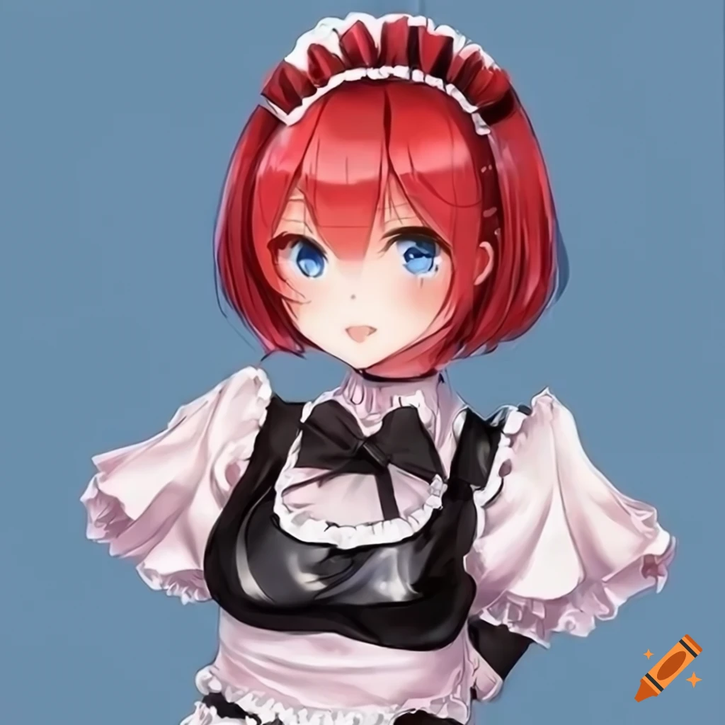 Anime girl in French PVC maid outfit with short red hair and blue eyes ...