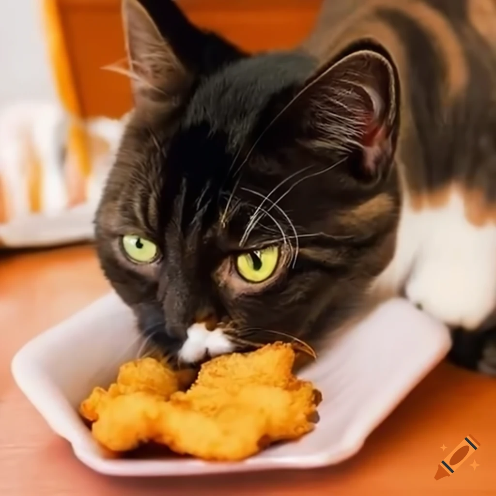 Cat enjoying a chicken nugget snack on Craiyon