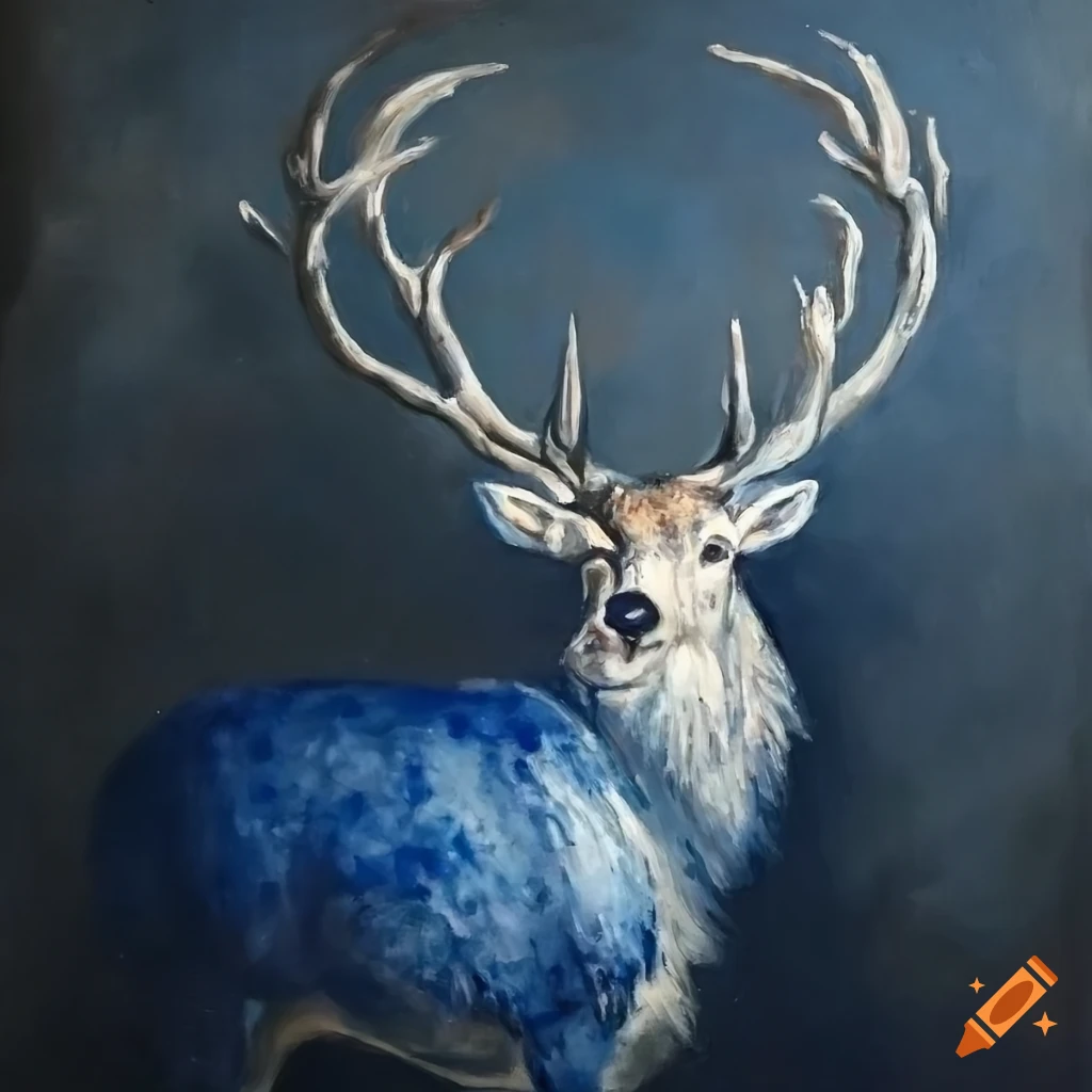 1800s oil painting of a stag in blue and white colors on Craiyon