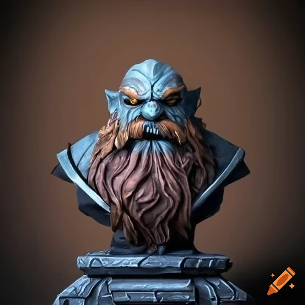 Dwarven god statue with maul weapon and angry expression on Craiyon