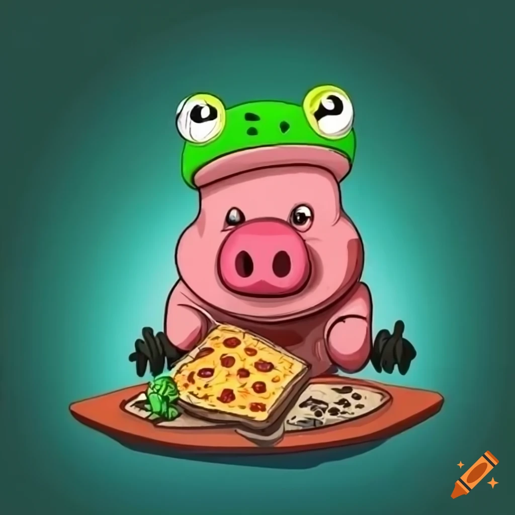 Cartoon pig in a frog hat eating pizza on Craiyon