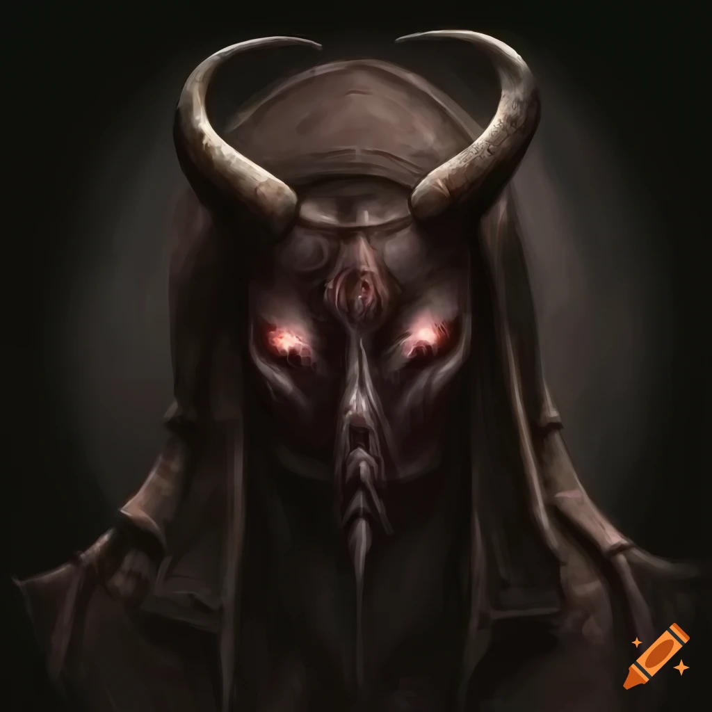 Dark helm with curved horns and slits for eyes on Craiyon