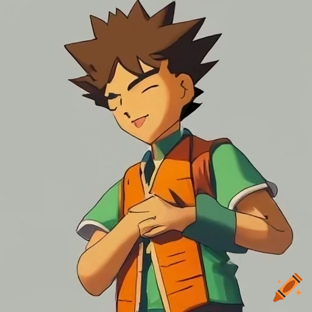 Brock from pokemon in orange vest over green shirt on white background ...