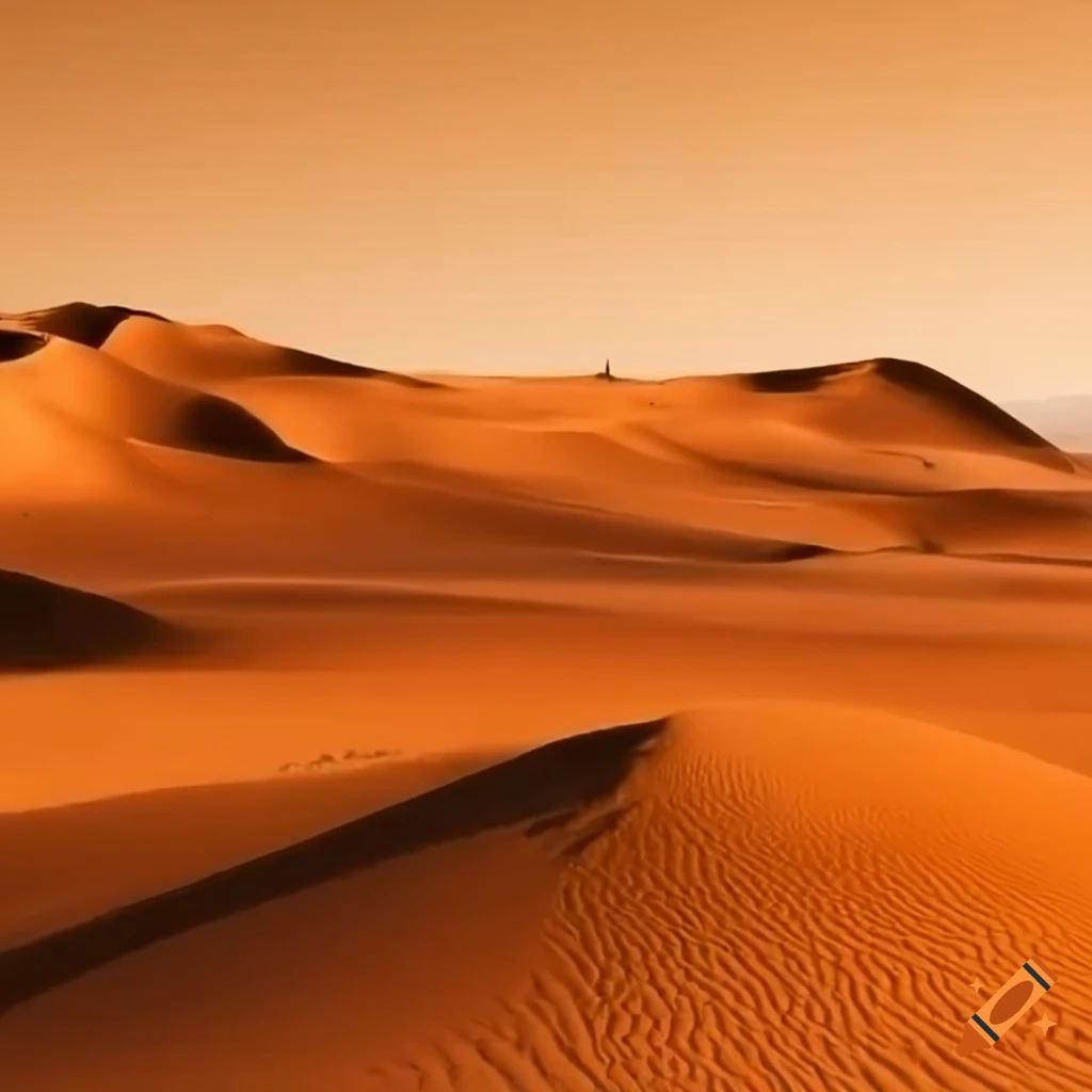 Desert landscape with rolling sand dunes and camels among palm trees on ...