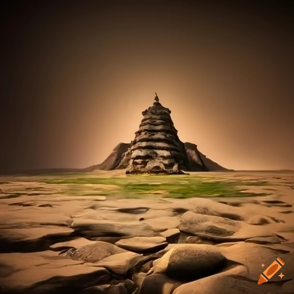 Barren rocky landscape with a giant stone temple, small pond, and green ...