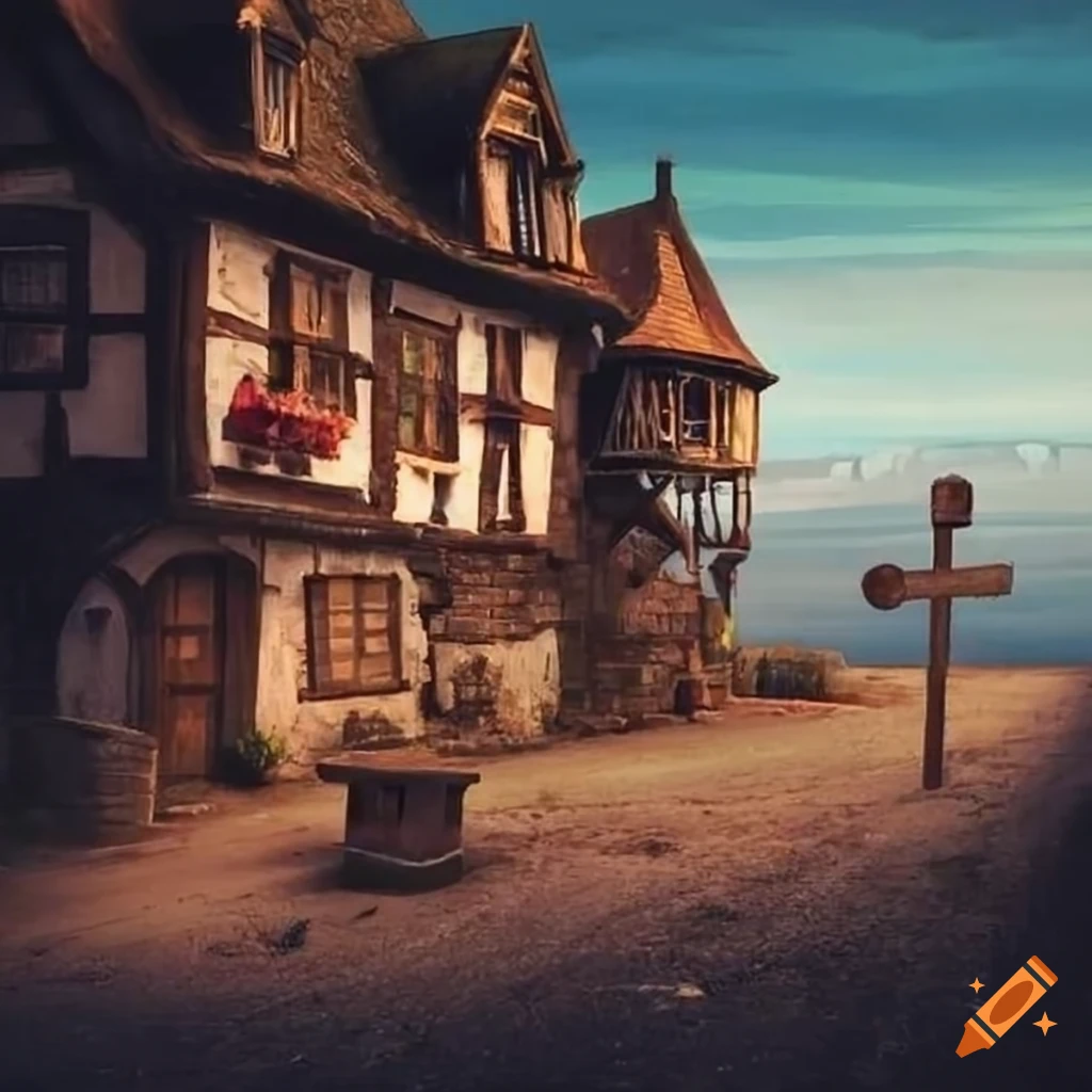 Medieval inn with a signpost by the road on Craiyon