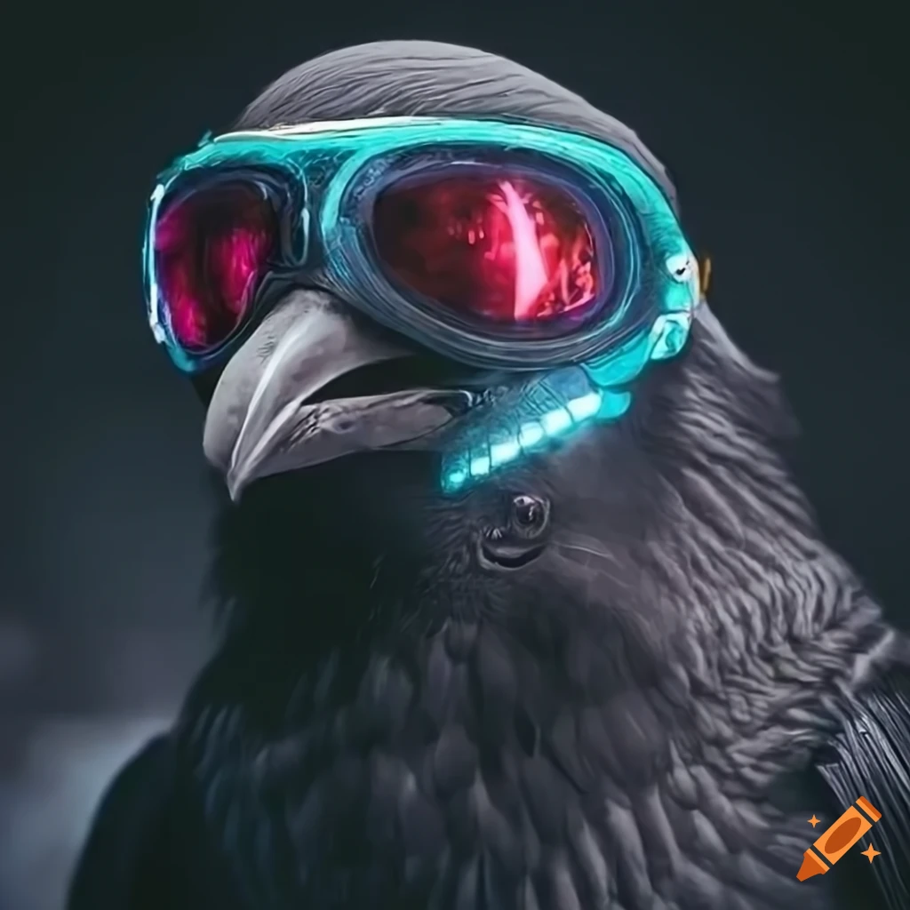 Cyberpunk crow wearing futuristic eye goggles and beanie on Craiyon