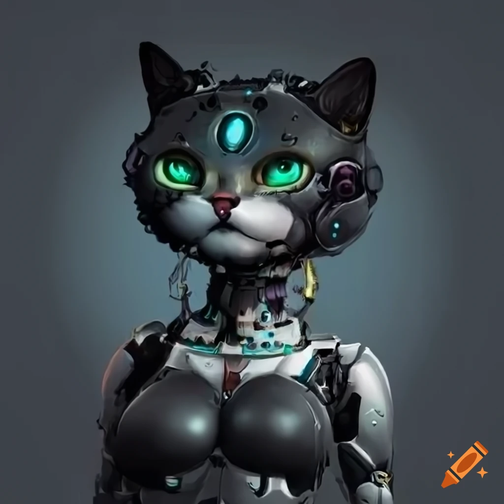 Friendly female cybernetic cyborg cat character on Craiyon