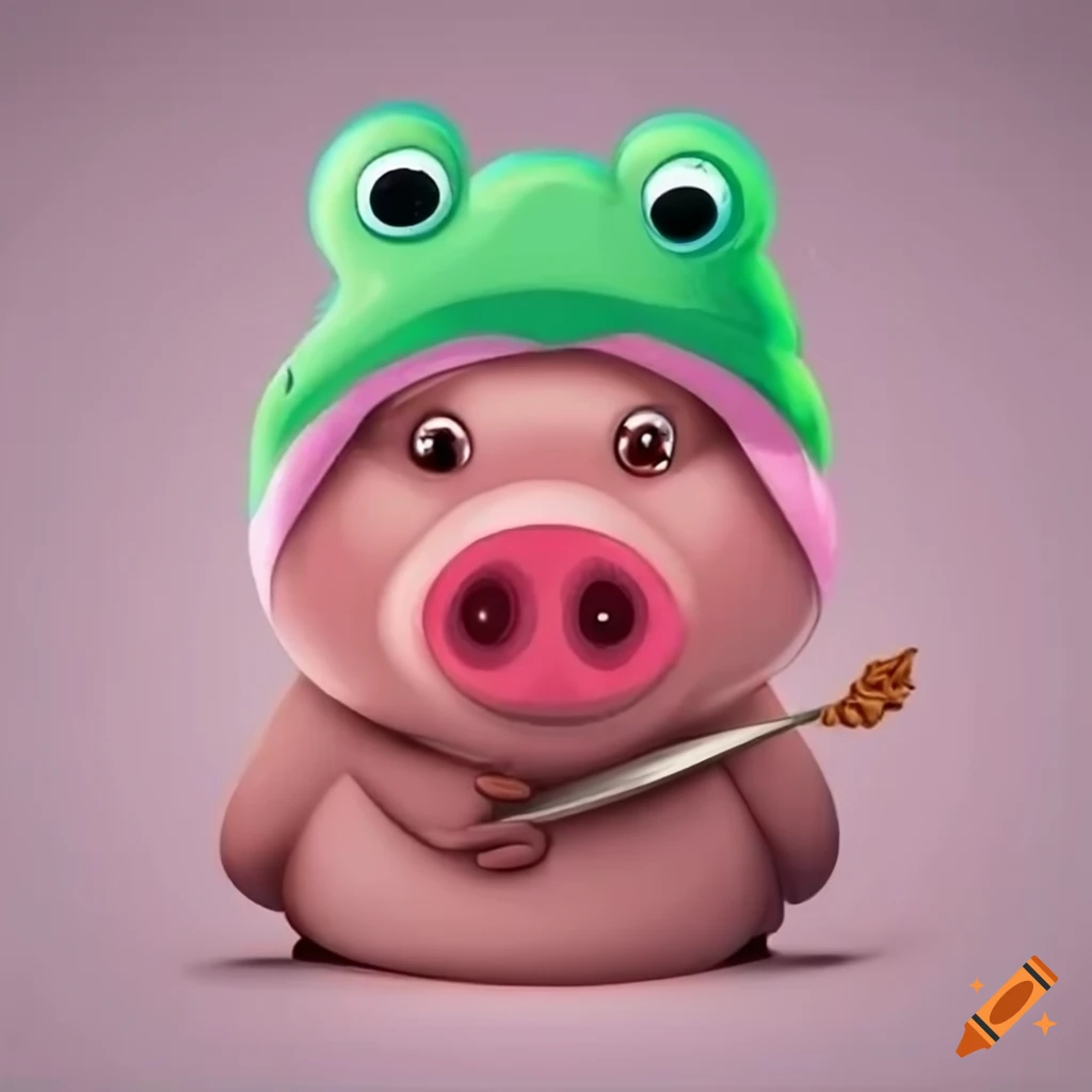 Cartoon pig in a frog hat eating chips on Craiyon
