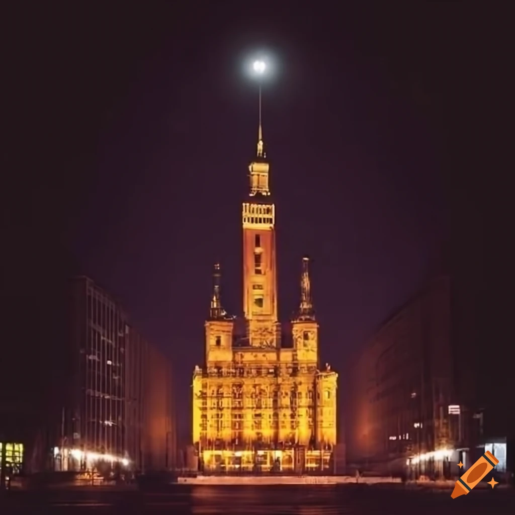 Soviet architecture downtown illuminated by street lights on Craiyon