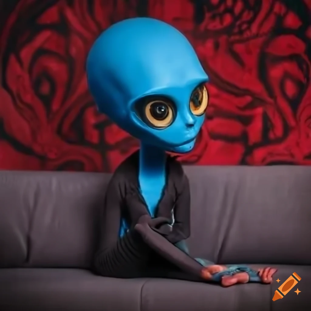 Friendly alien sitting on a couch with a coffee cup in a living room on ...