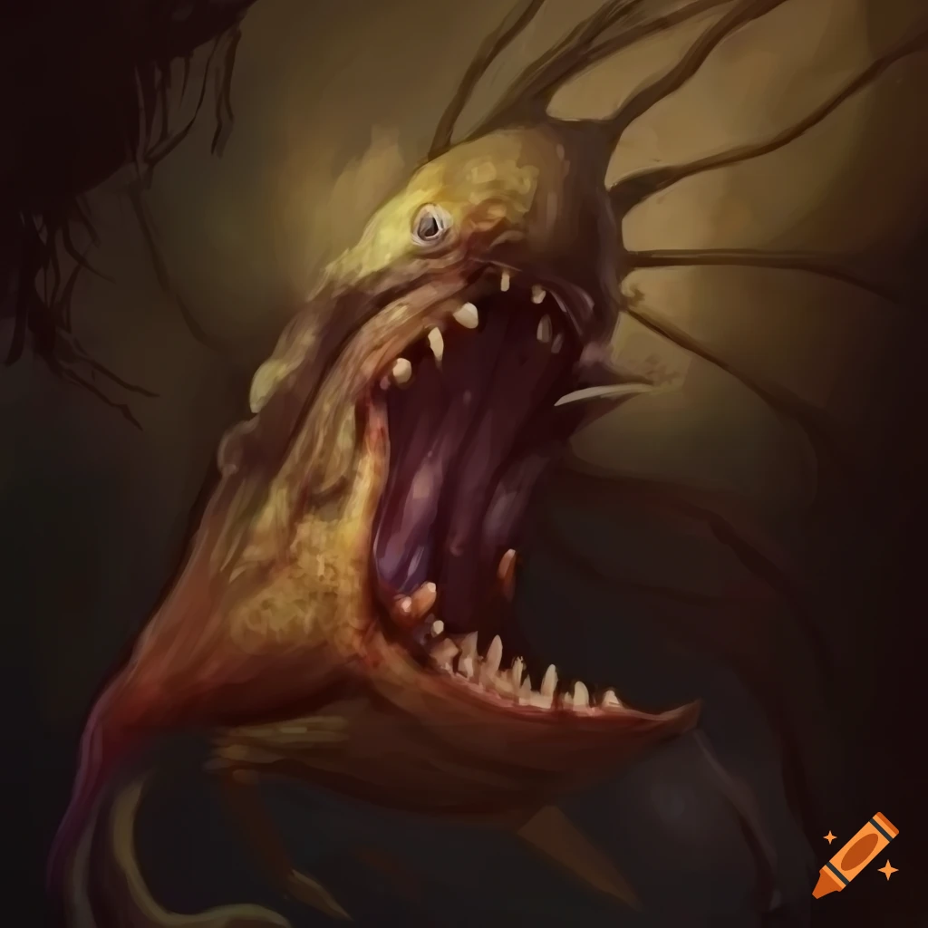 Eldritch fish creature with a gulping mouth and huge teeth in a ...