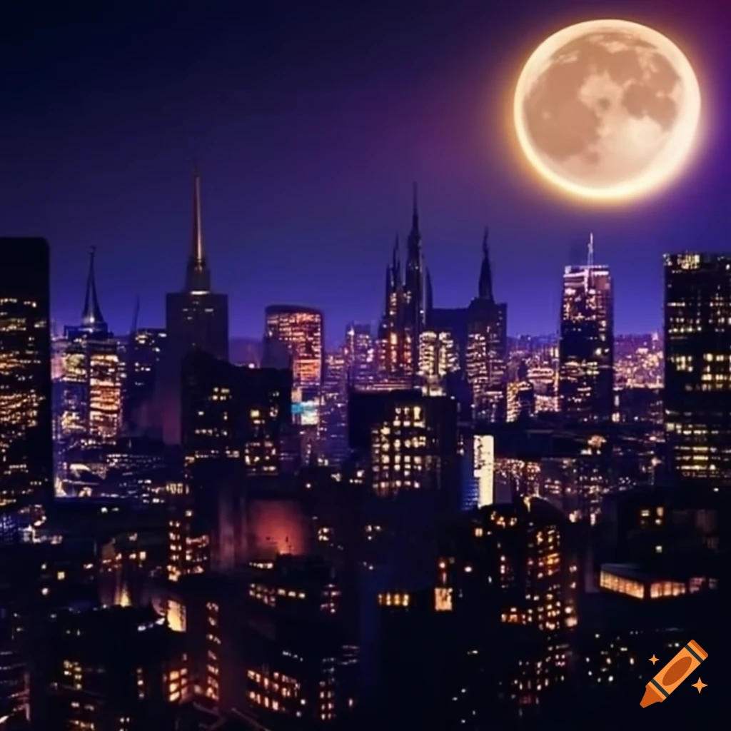 City skyline illuminated by moonlight on Craiyon
