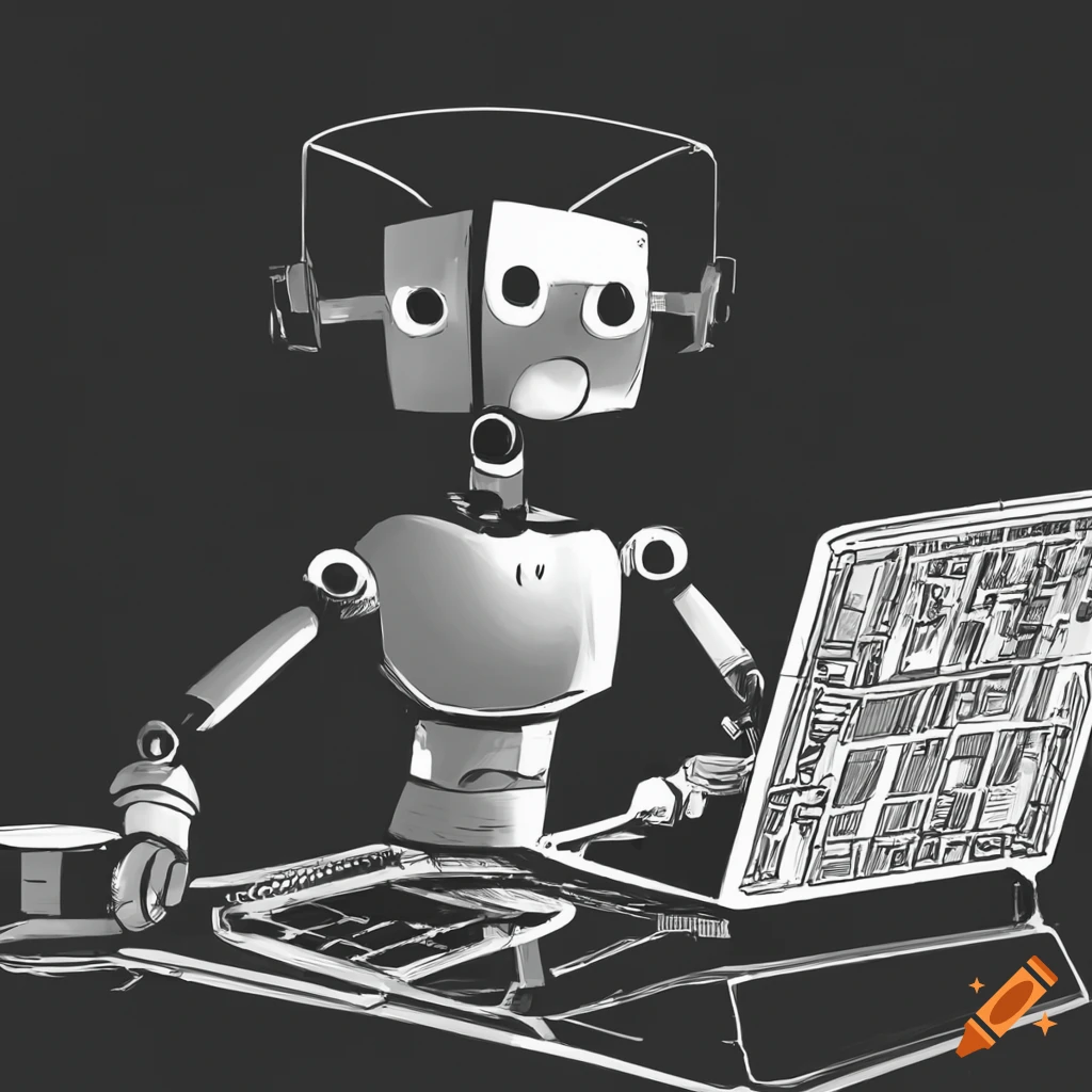 Comical robot working on a laptop in black and white on Craiyon