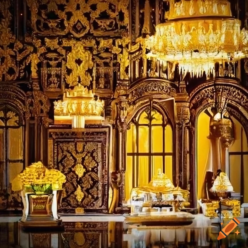 Interior of a luxurious Malay palace with forest-gold yellow theme and delicious foods on table ...