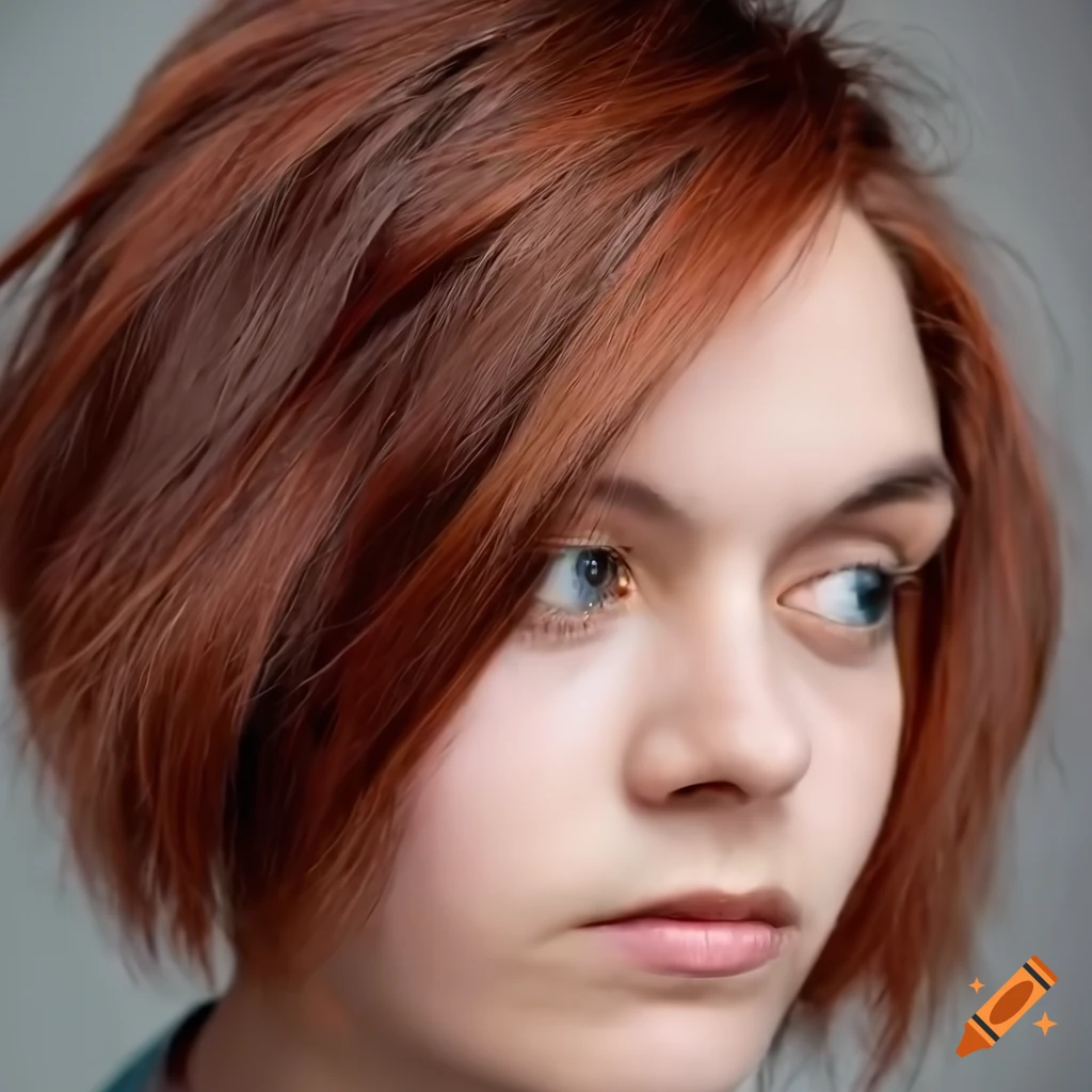 Portrait of a pensive 28-year-old with dark auburn messy bob hairstyle ...