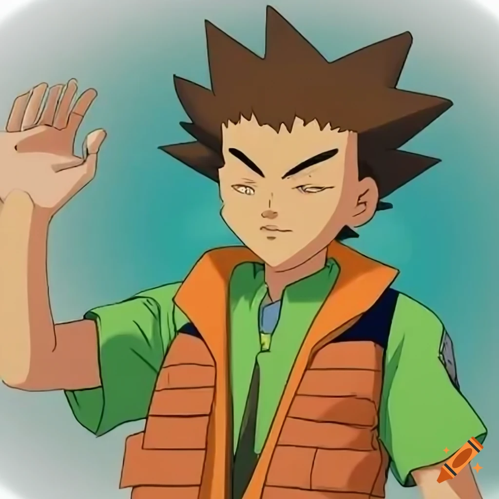 Brock from pokemon in orange vest over green shirt on white background ...