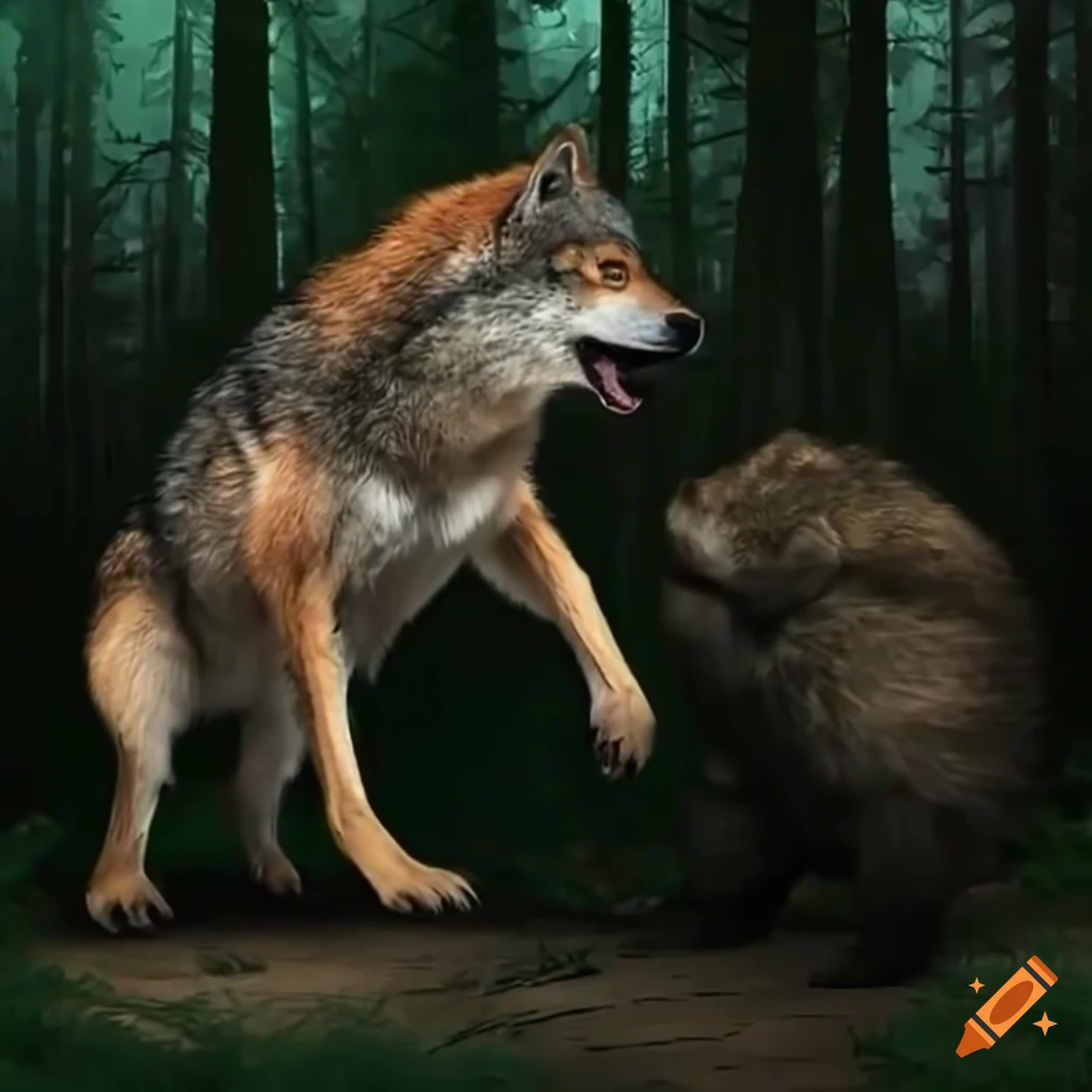 Wolf and wombat in a forest engaged in a scuffle on Craiyon