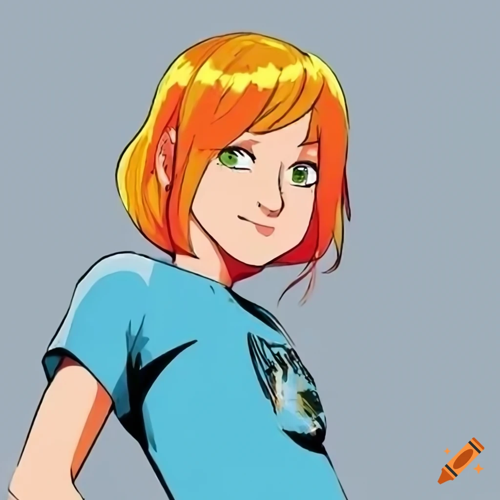 Anime girl version of Gwen Tennyson with orange hair in sky blue t ...