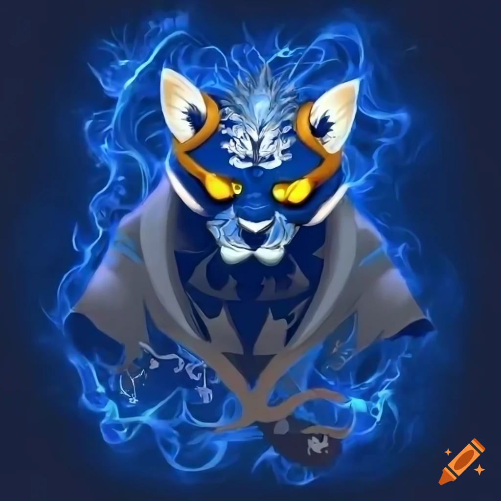 Fantastical royal blue fiery ghastly hannya red panda hybrid animal yokai character in detailed ...