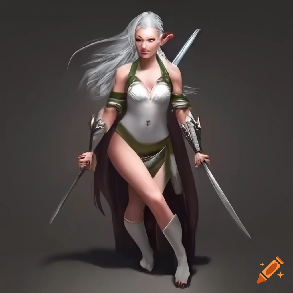 Powerful Elf woman with silver hair and a sword in a fantasy setting on Craiyon