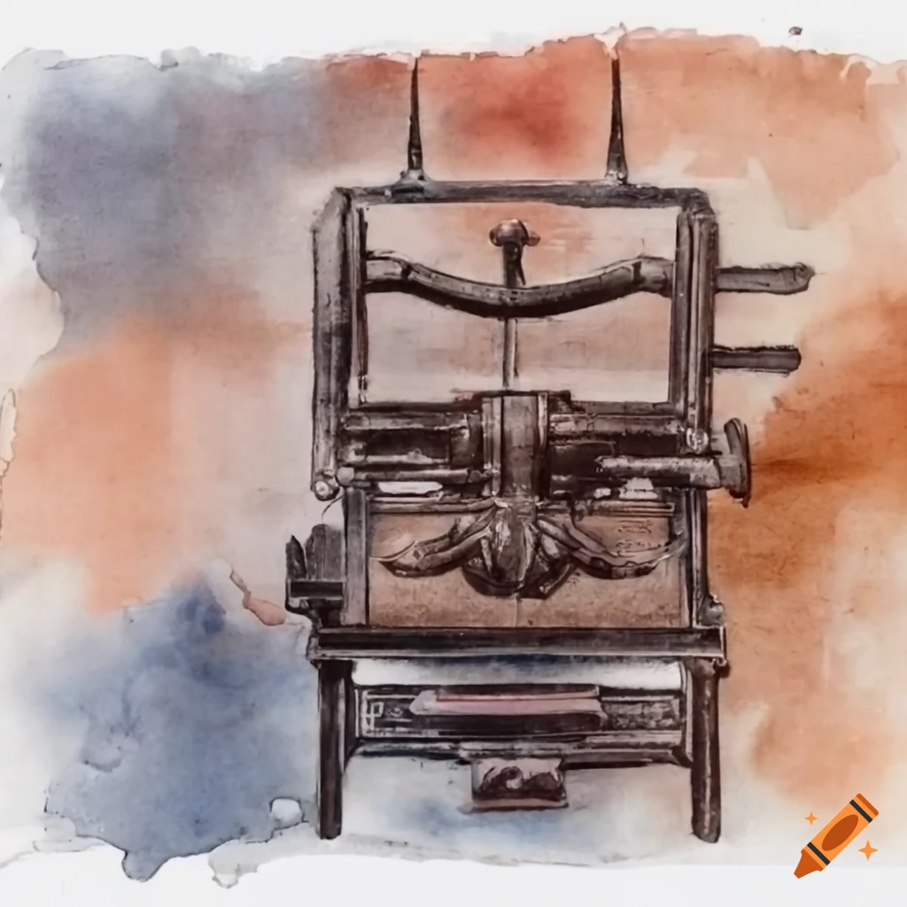 Vintage printing press with stacked papers and ink pots on Craiyon