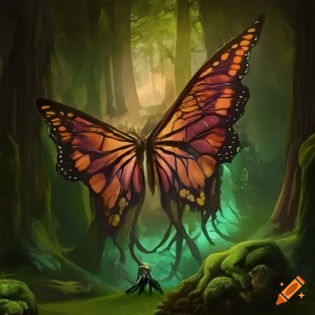 Giant butterfly humanoid in a forest in magic the gathering style art ...