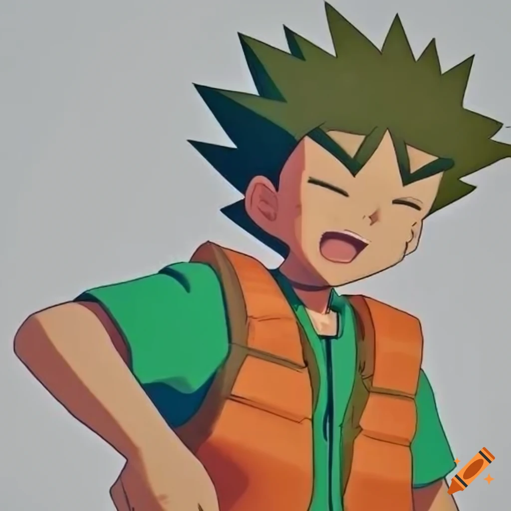 Brock from pokemon with eyes closed and wearing orange vest over green ...
