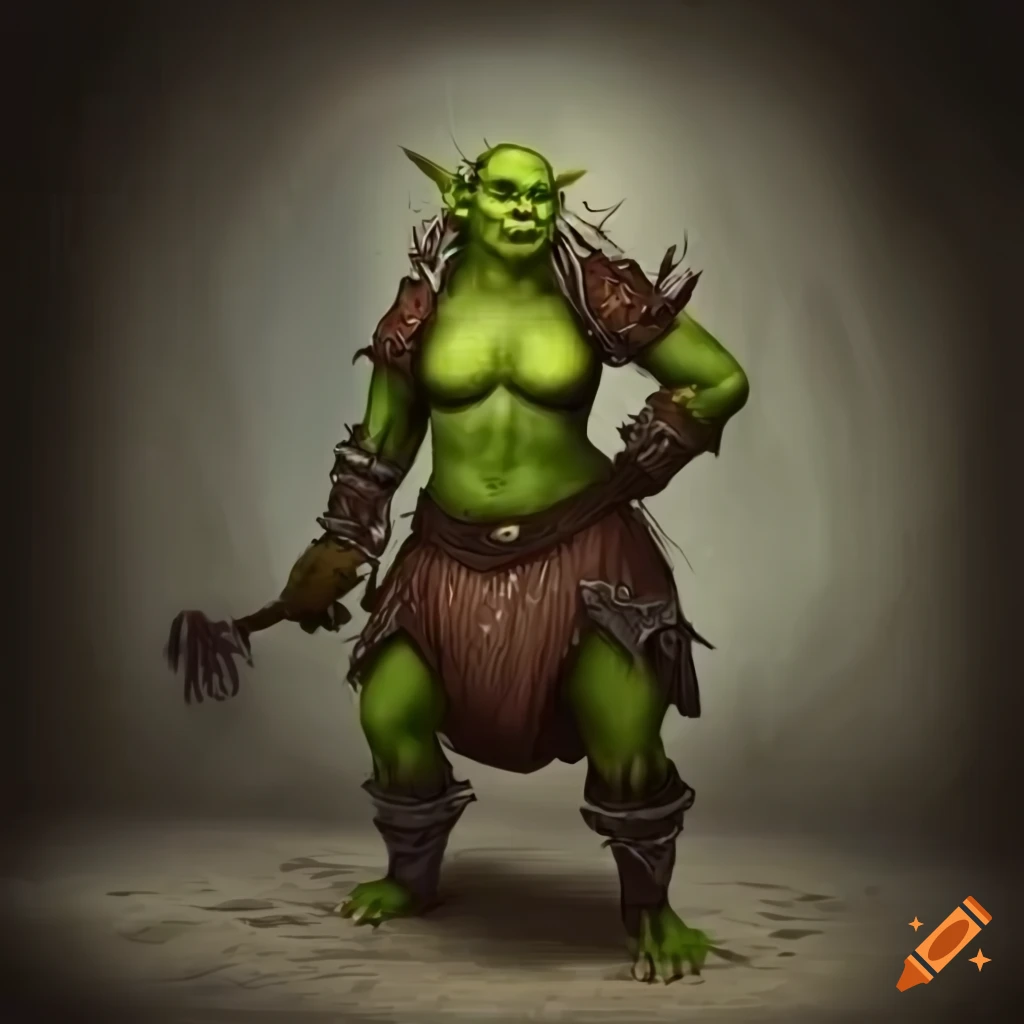Buffed orc woman walking barefooted in a valley on Craiyon