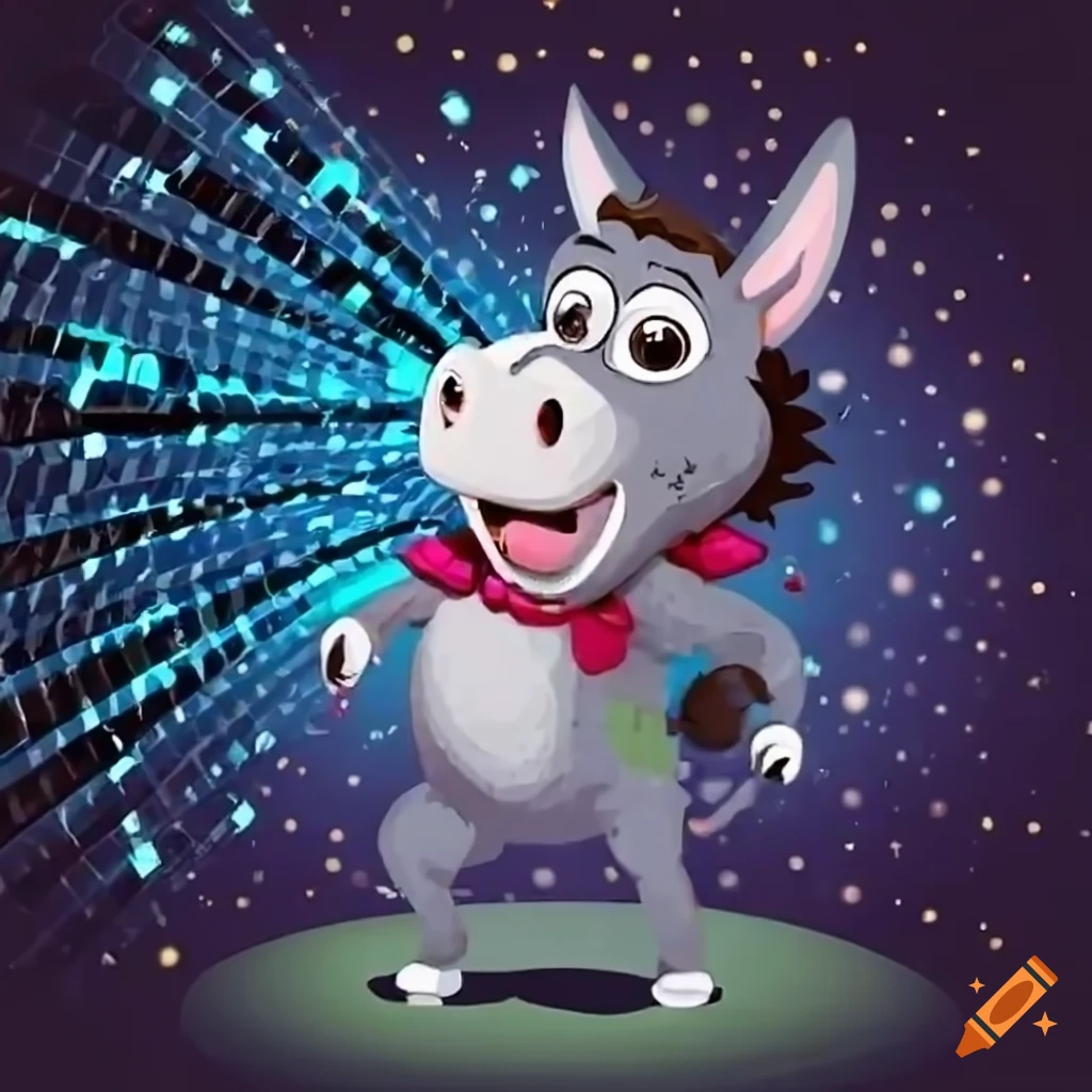 Adorable cartoon donkey dancing in disco with cool outfit on Craiyon