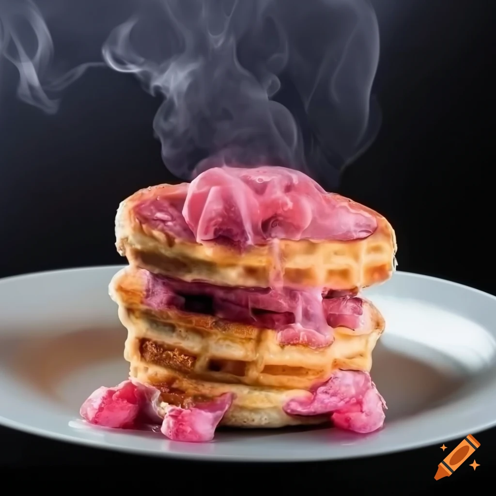 Plate of pink waffles in a black background with smoke on Craiyon