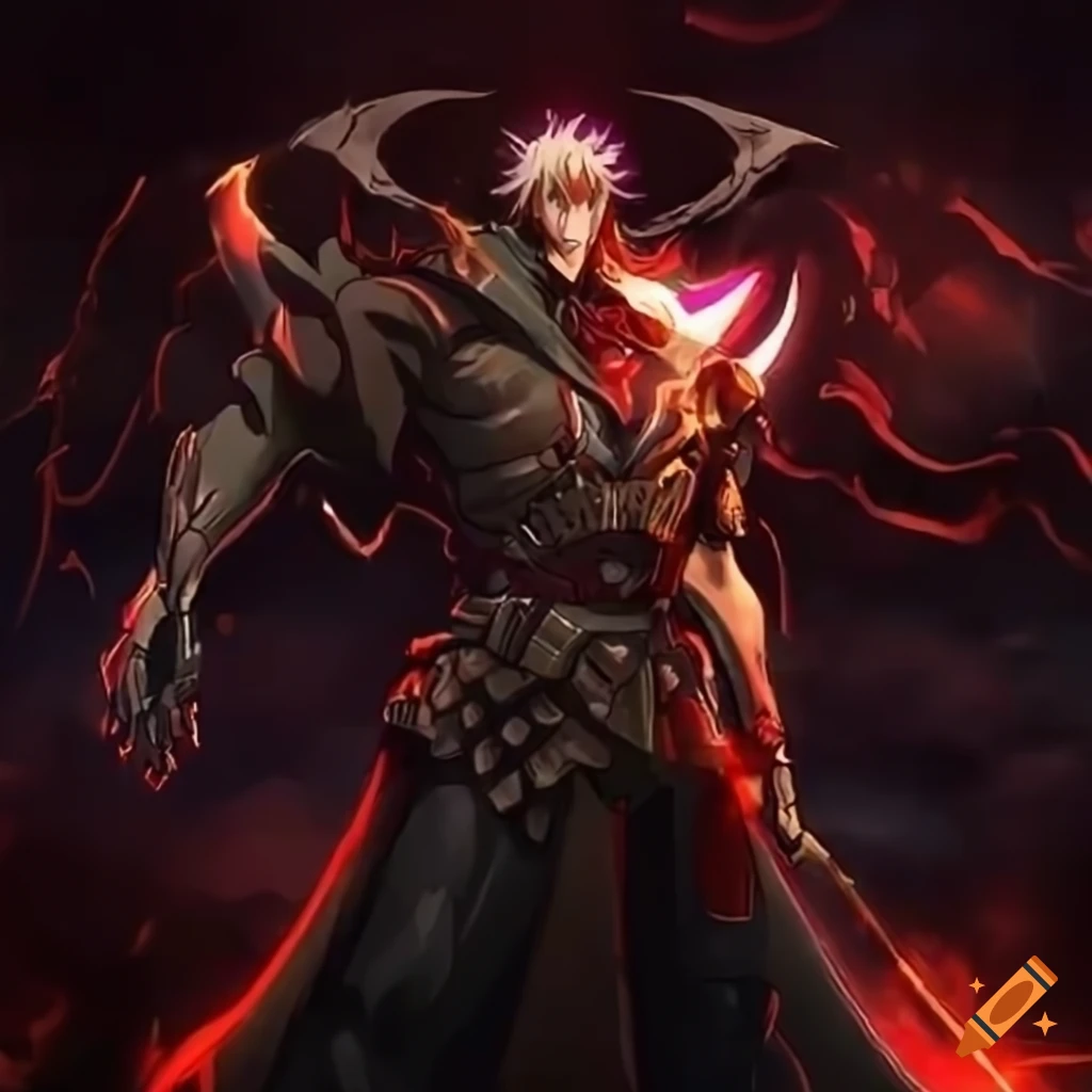 Powerful anime demon leader in battle suit with axe under a sunrise on ...