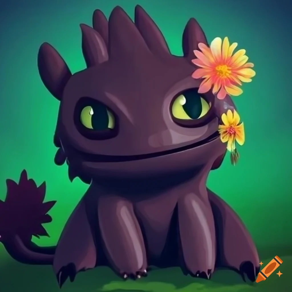 Adorable toothless with flowers in a field on Craiyon