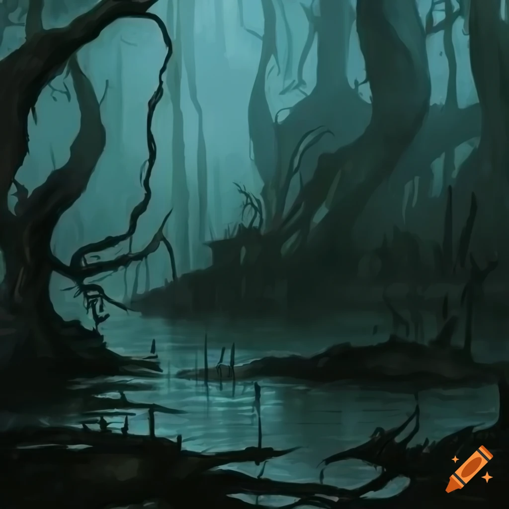 Dark swamp in a roiling grey landscape in a fantasy setting on Craiyon