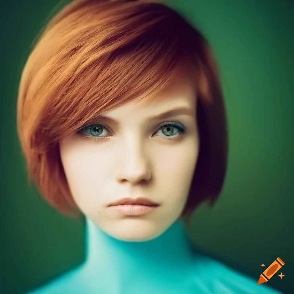 Girl With Short Auburn Hair In A Blue Dress On A Green Background On