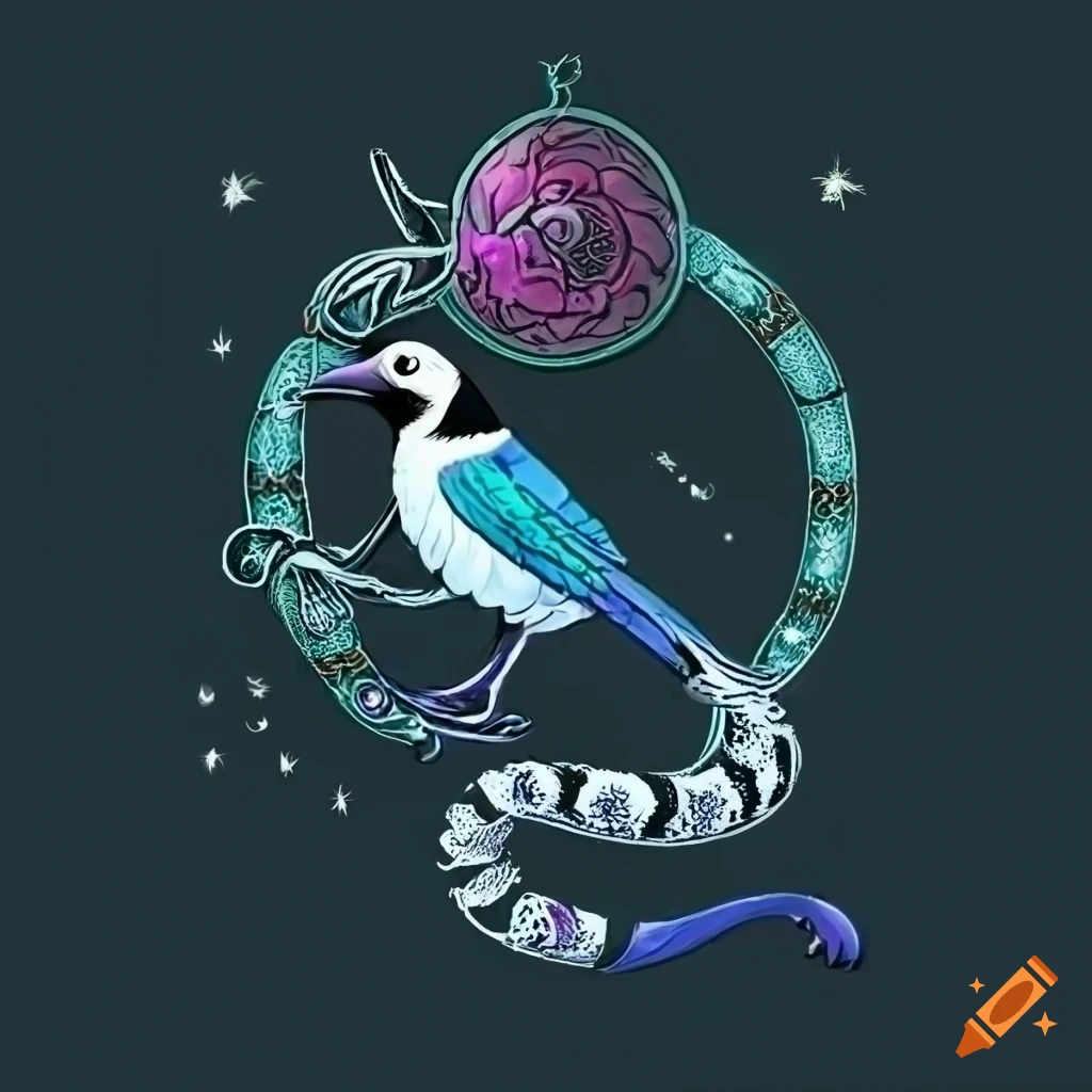 Asian authentic style logo with azure-winged magpie and snake design on ...