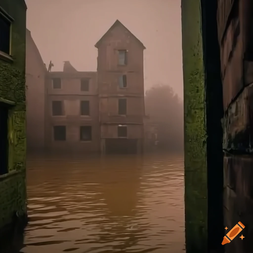 Close-up of flooded crumbling brick doorway with abandoned buildings ...
