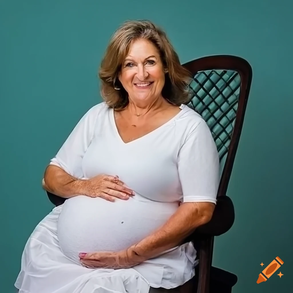 Pregnant Older Woman In A White Dress Sitting And Smiling On Craiyon
