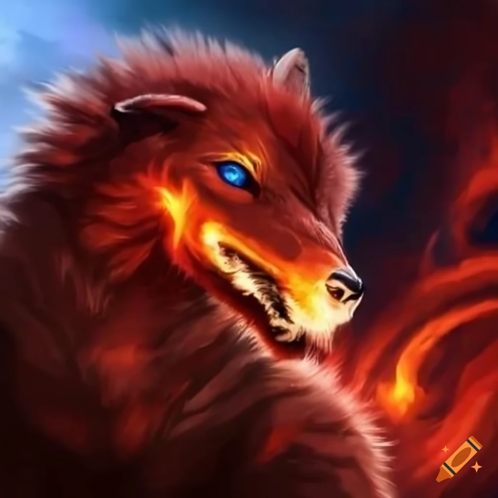 Mythical dire wolf with fiery red fur and captivating blue eyes on Craiyon