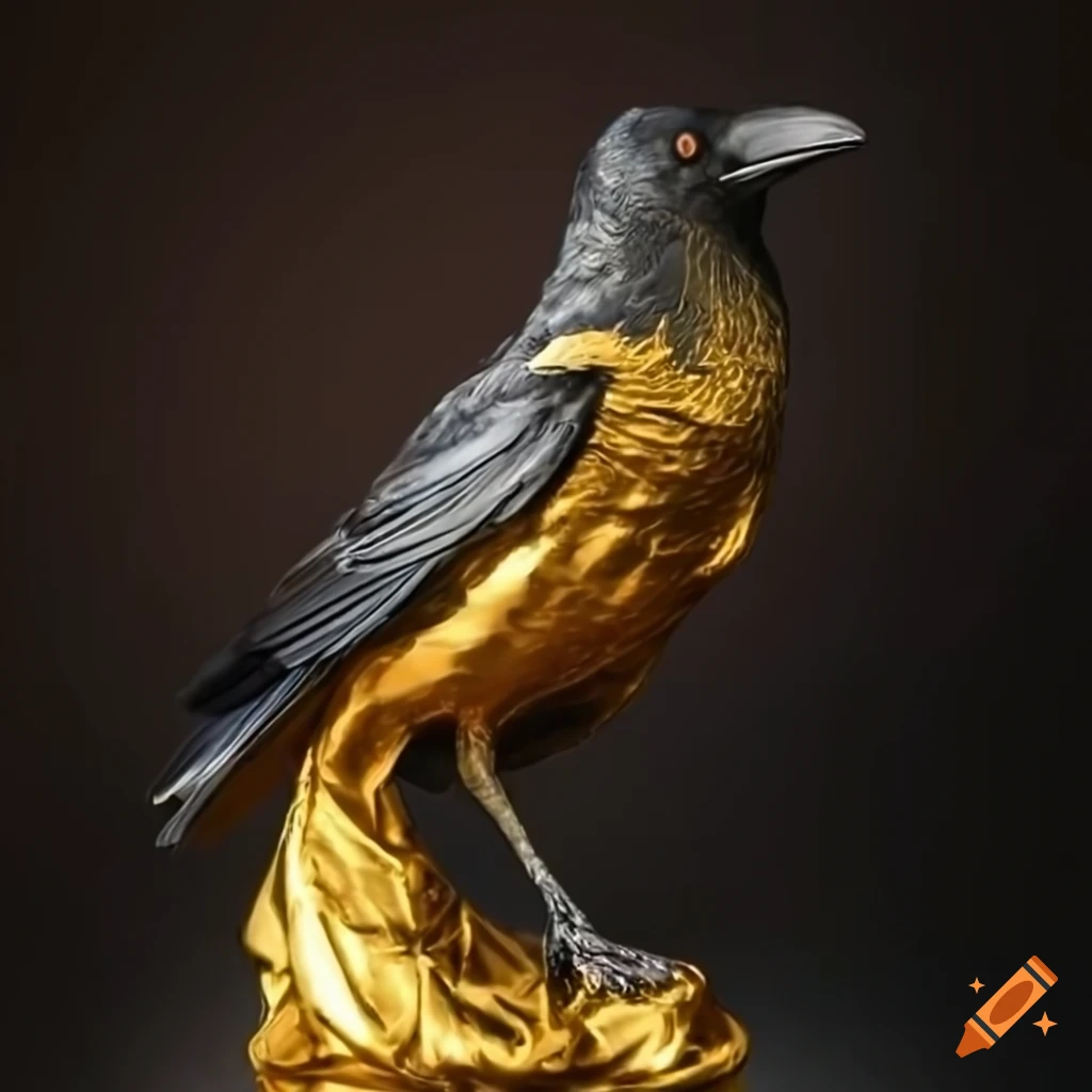 Realistic raven morphing into a golden reflective statue on Craiyon
