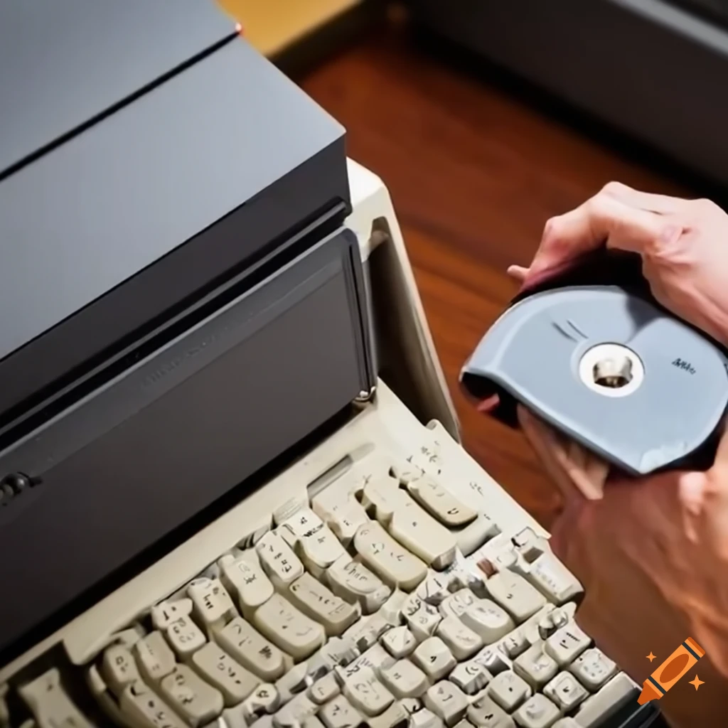 Vintage technology enthusiast exploring an old computer operating disk ...