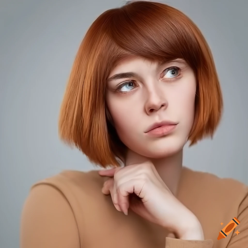 Portrait of a pensive 25-year-old with auburn bob hairstyle and ...