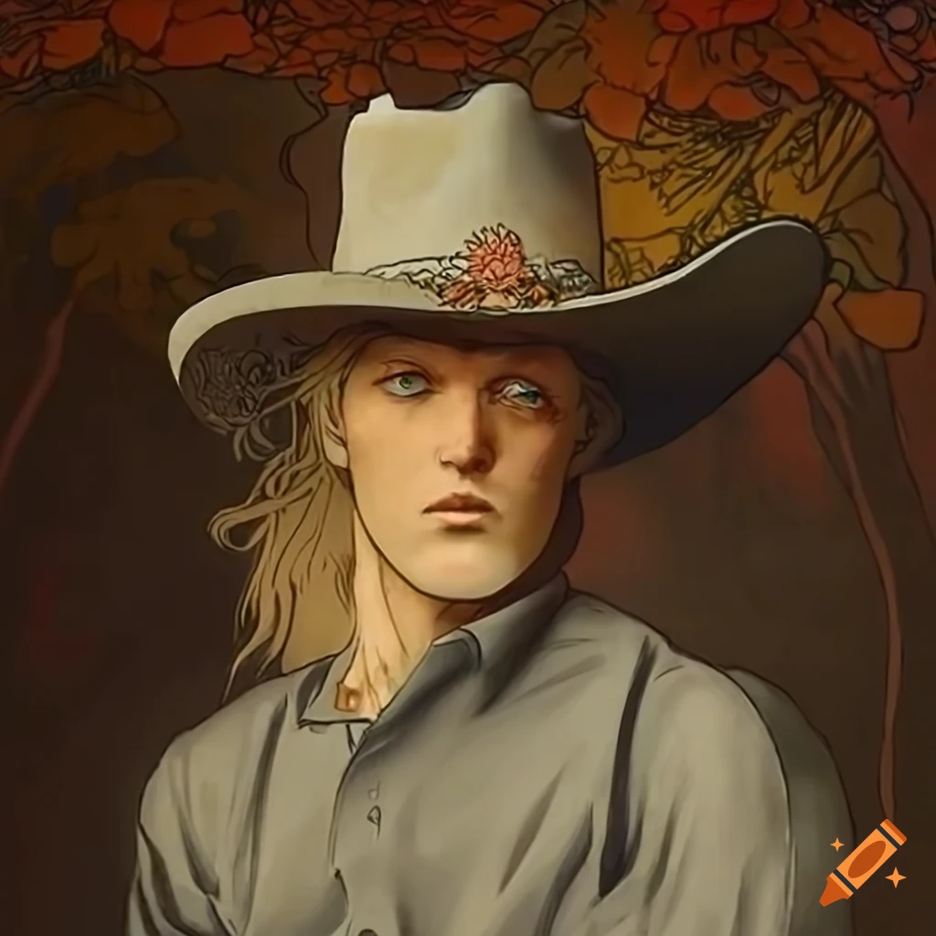 Man with gray eyes and shoulder-length hair in a cowboy hat in an Art ...