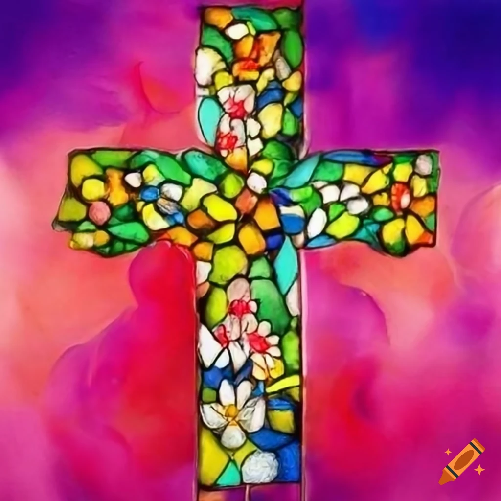 Colored pencil stained glass easter cross with flowers on Craiyon