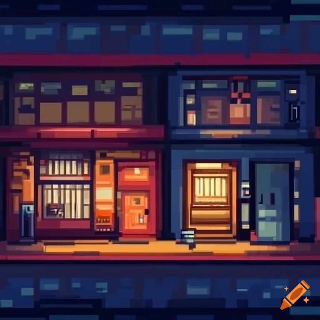 Pixel art of a town at night through a window on Craiyon