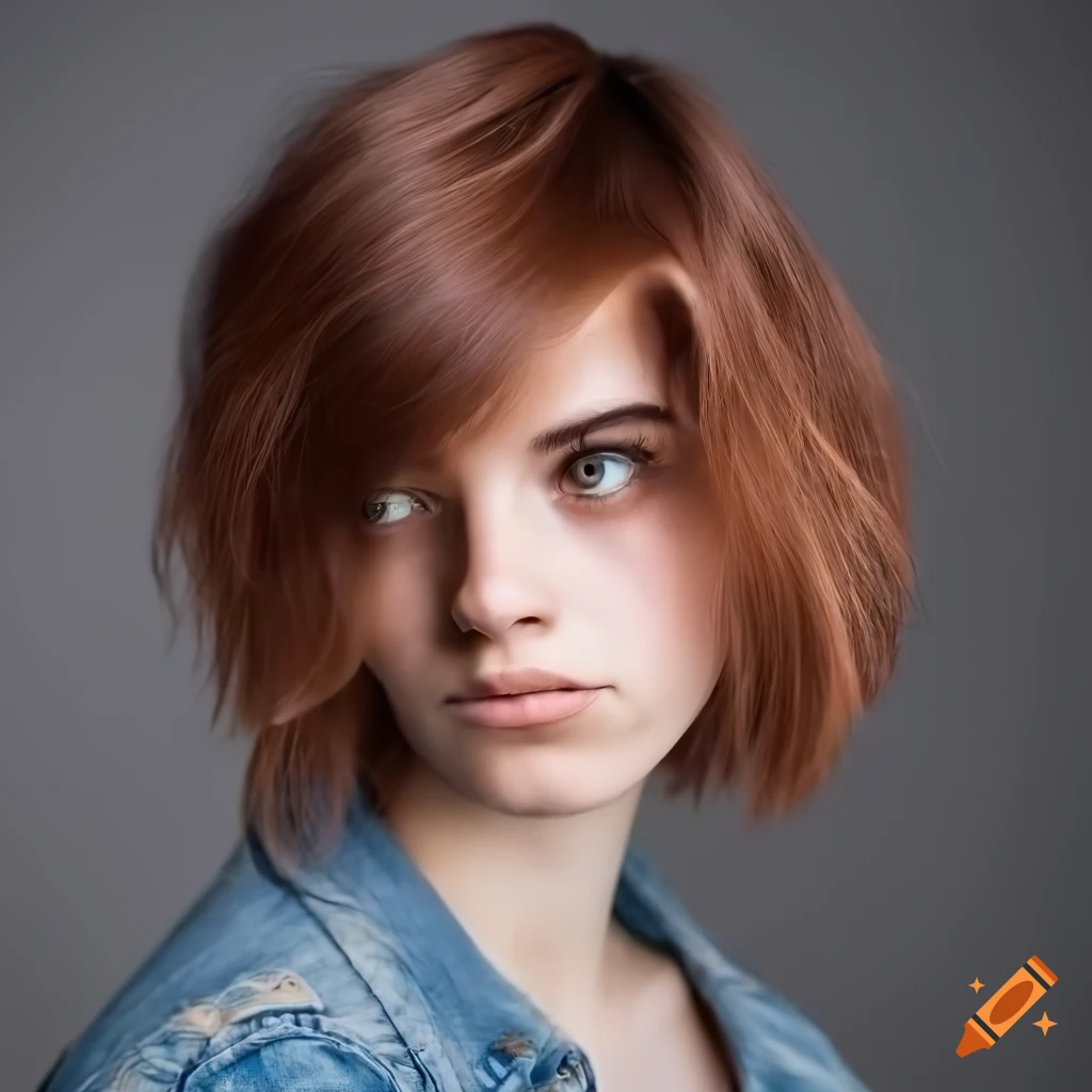 Portrait of a pensive 28-year-old with dark auburn messy bob hairstyle ...