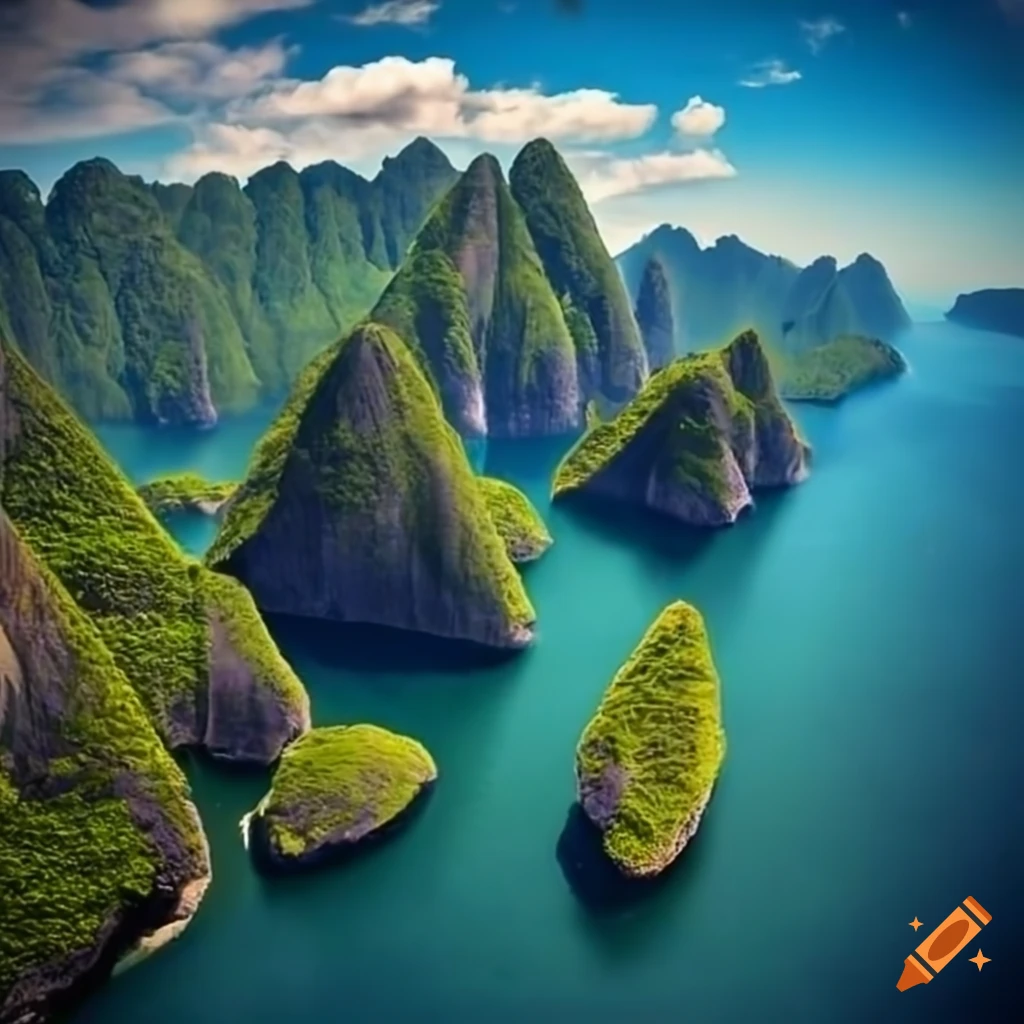 View of multiple islands from a tall mountain with tropical scenery in the foreground on Craiyon