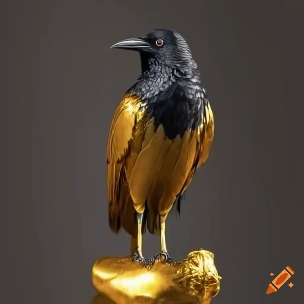 Realistic raven transitioning into a golden reflective statue on Craiyon