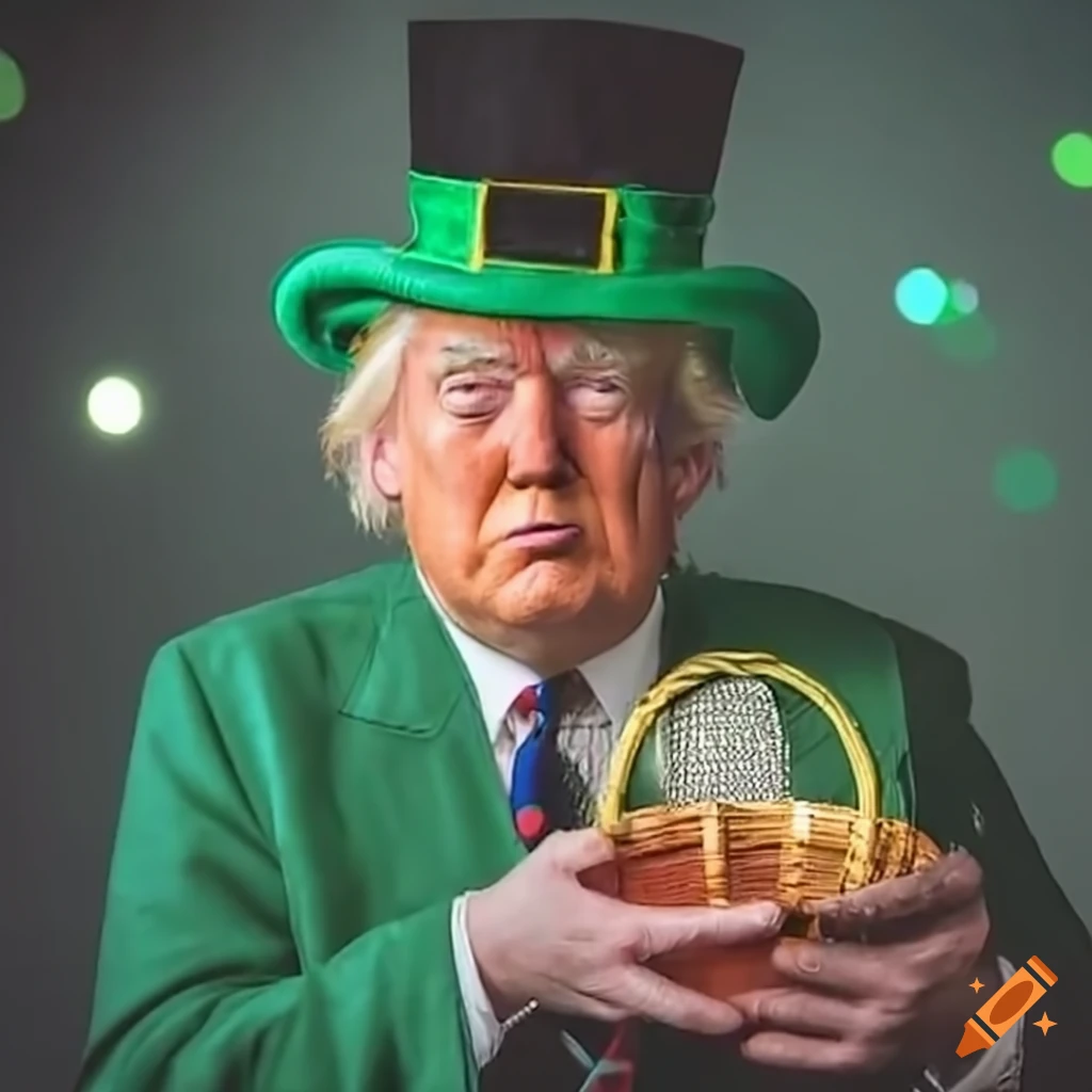 Donald Trump dressed as a leprechaun with a sad expression and an empty ...