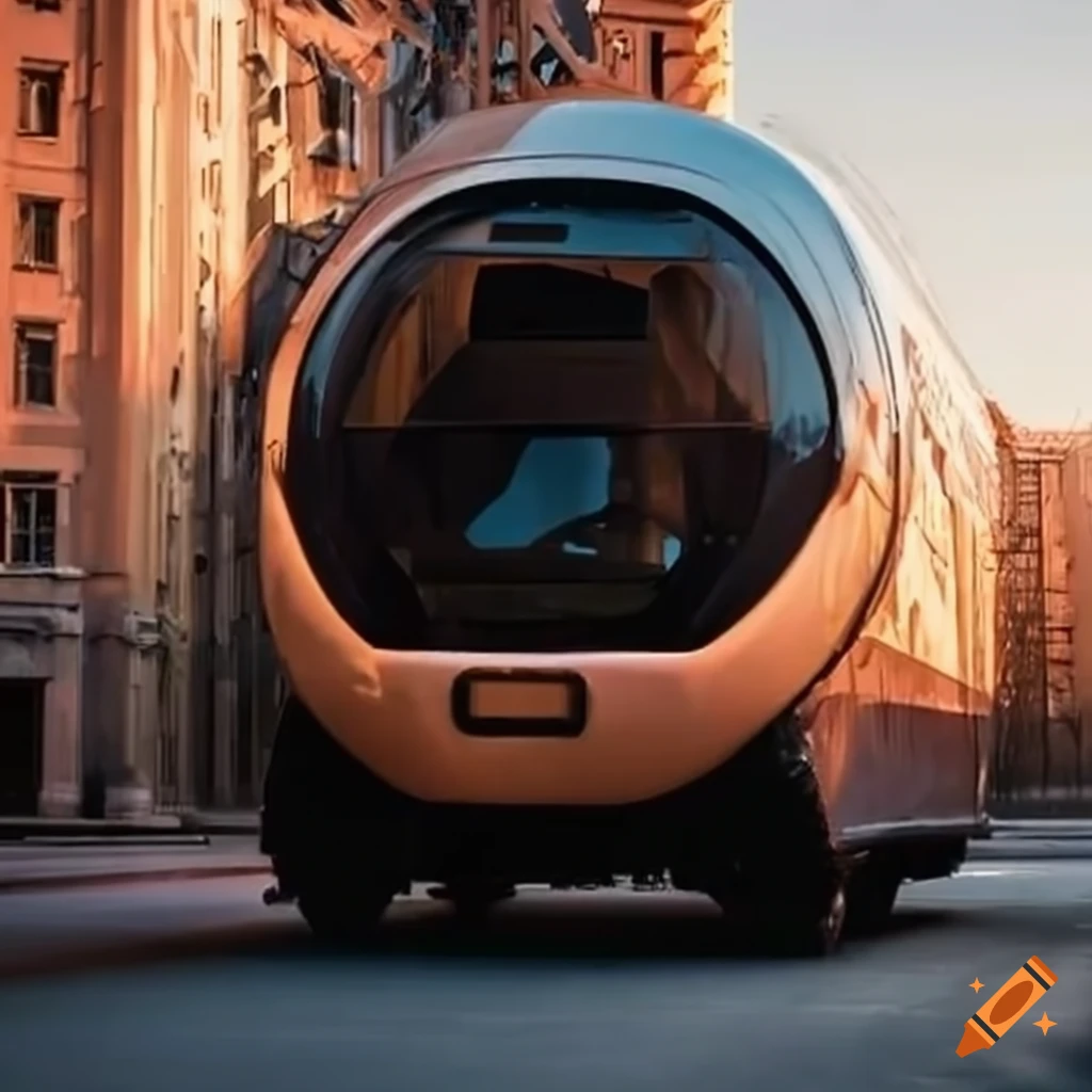 Large four-wheel pod vehicle moving through the city on Craiyon